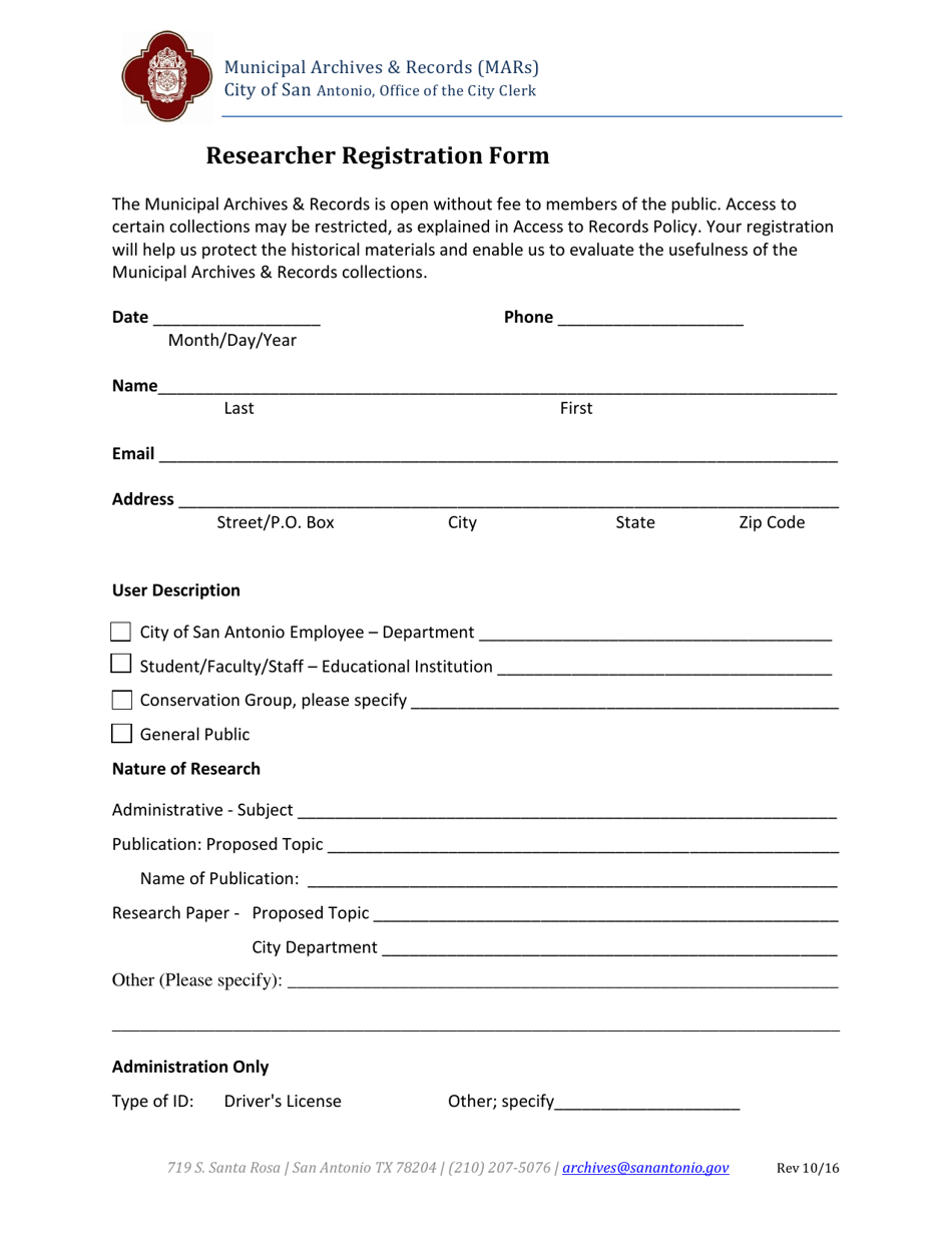 City of San Antonio, Texas Researcher Registration Form - Fill Out ...