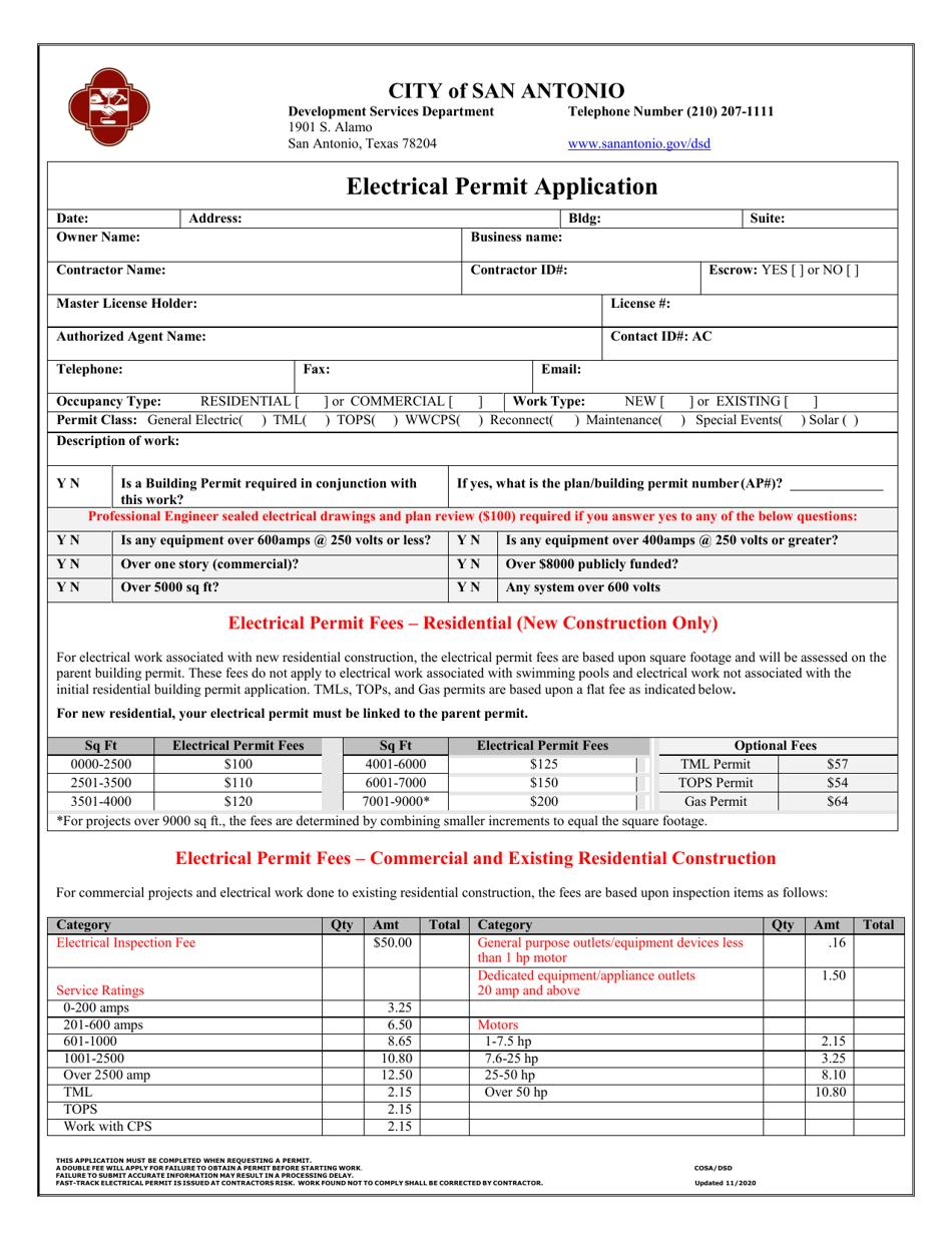 City of San Antonio, Texas Electrical Permit Application - Fill Out ...