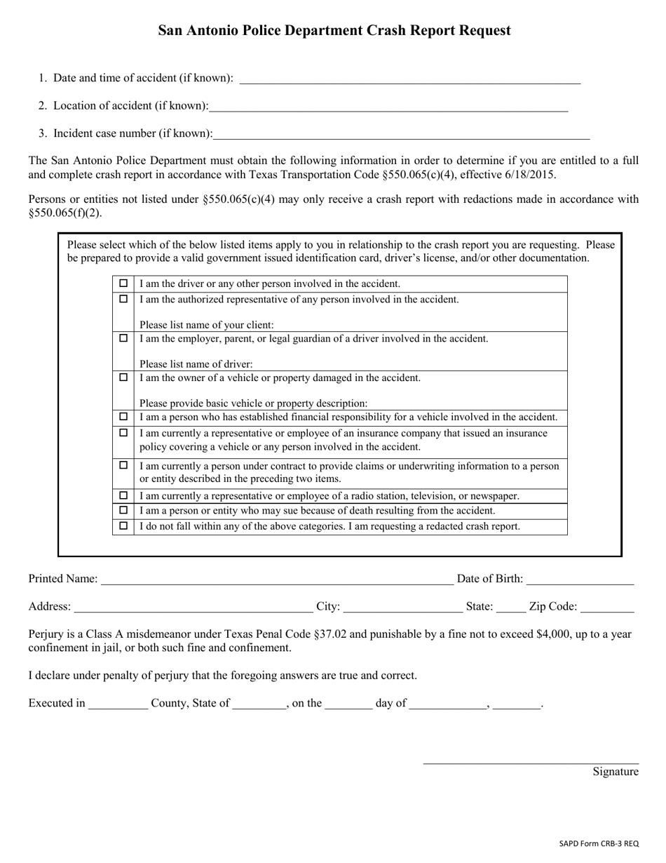 SAPD Form CRB-3 - Fill Out, Sign Online and Download Printable PDF ...