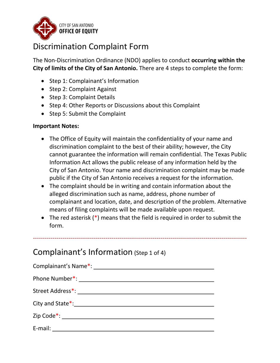 City of San Antonio, Texas Discrimination Complaint Form - Fill Out ...