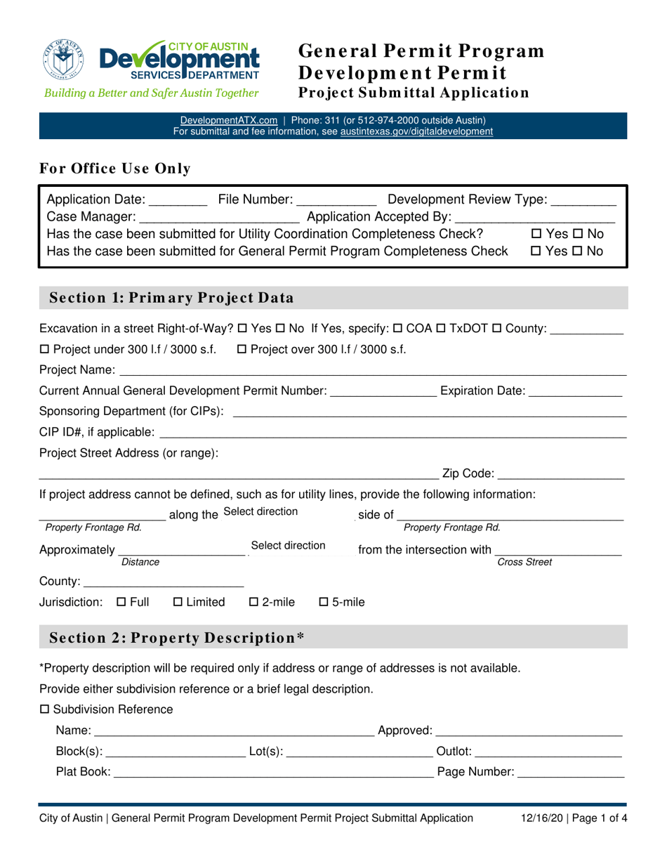 City of Austin, Texas Development Permit Project Submittal Application ...