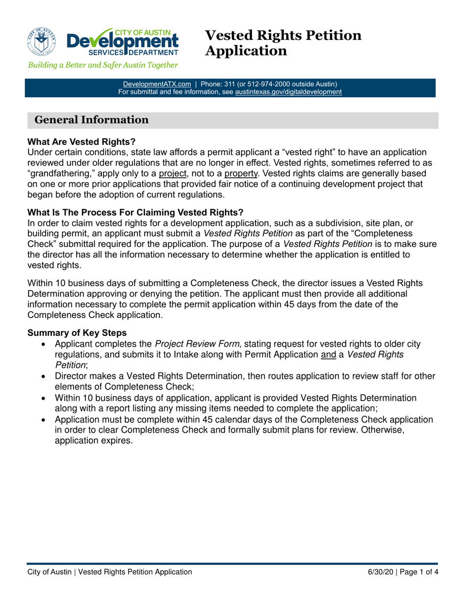 City of Austin, Texas Vested Rights Petition Application - Fill Out ...