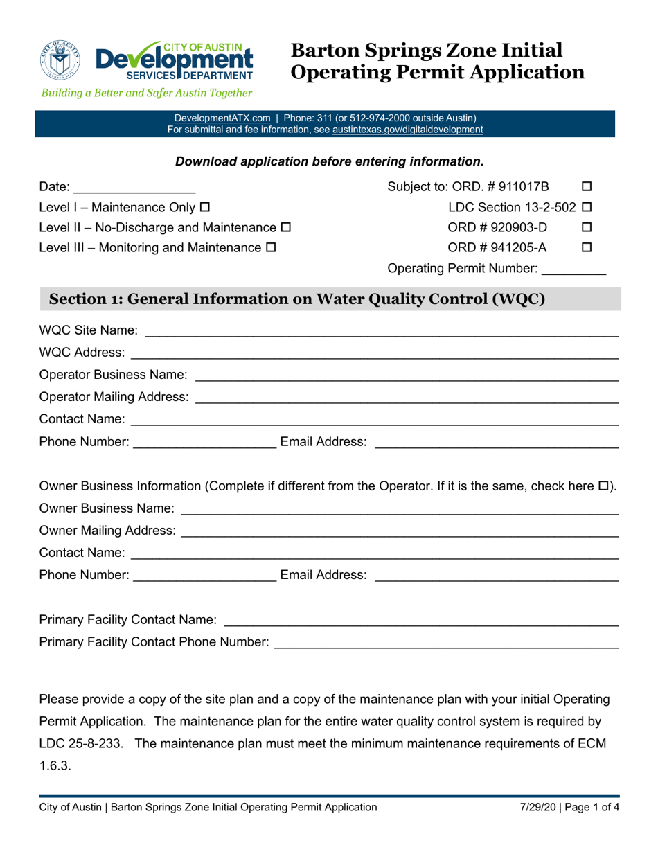 City of Austin, Texas Barton Springs Zone Initial Operating Permit ...