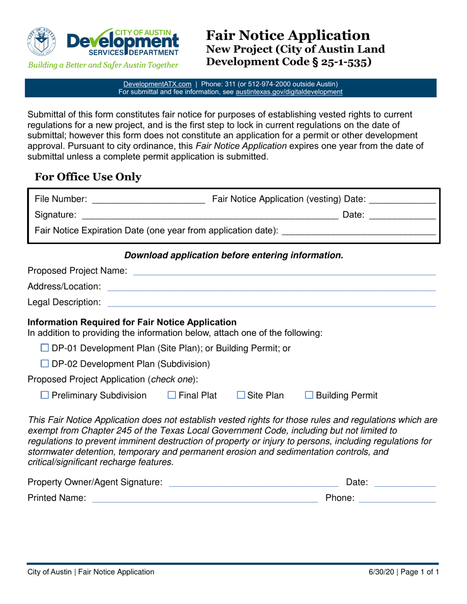 City of Austin, Texas Fair Notice Application - New Project - Fill Out ...