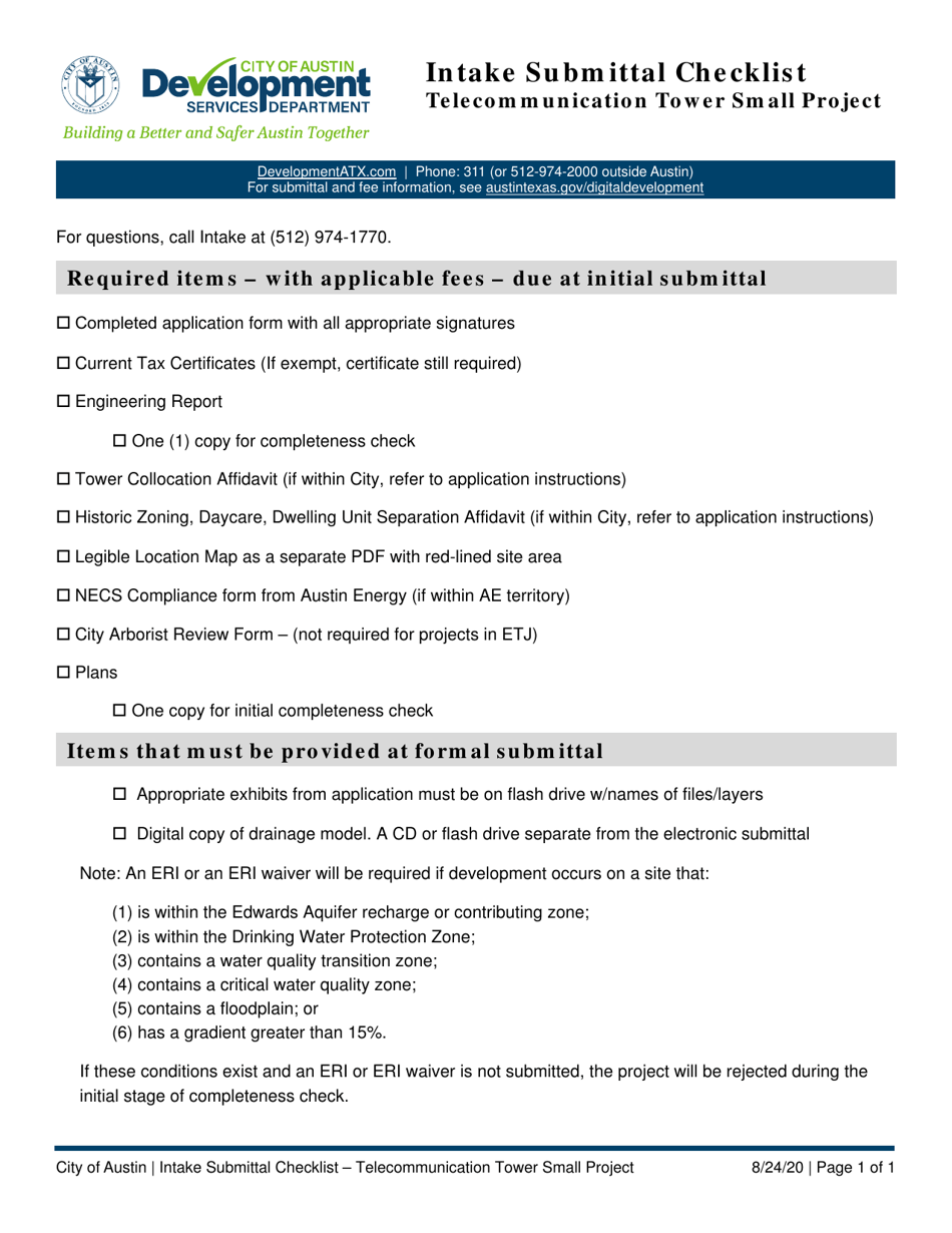 City of Austin, Texas Intake Submittal Checklist - Telecommunication ...
