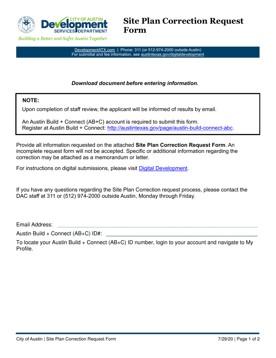 City of Austin, Texas Site Plan Correction Request Form - Fill Out ...