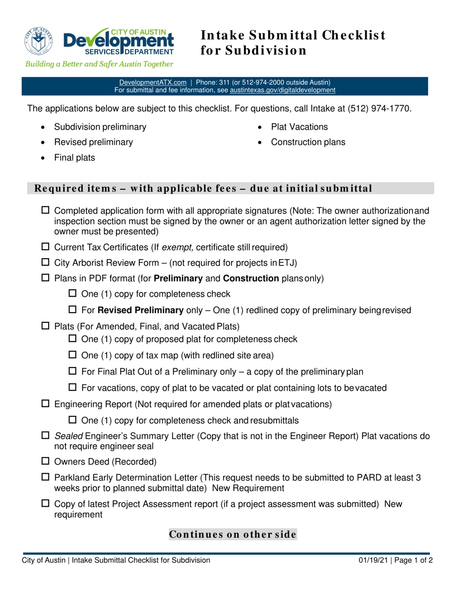 City of Austin, Texas Intake Submittal Checklist for Subdivision - Fill ...