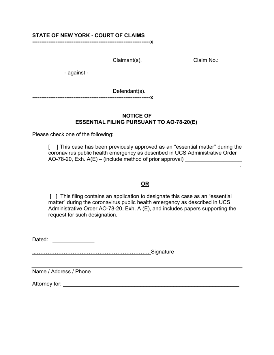 New York Notice of Essential Filing Pursuant to Ao-78-20(E) - Fill Out ...