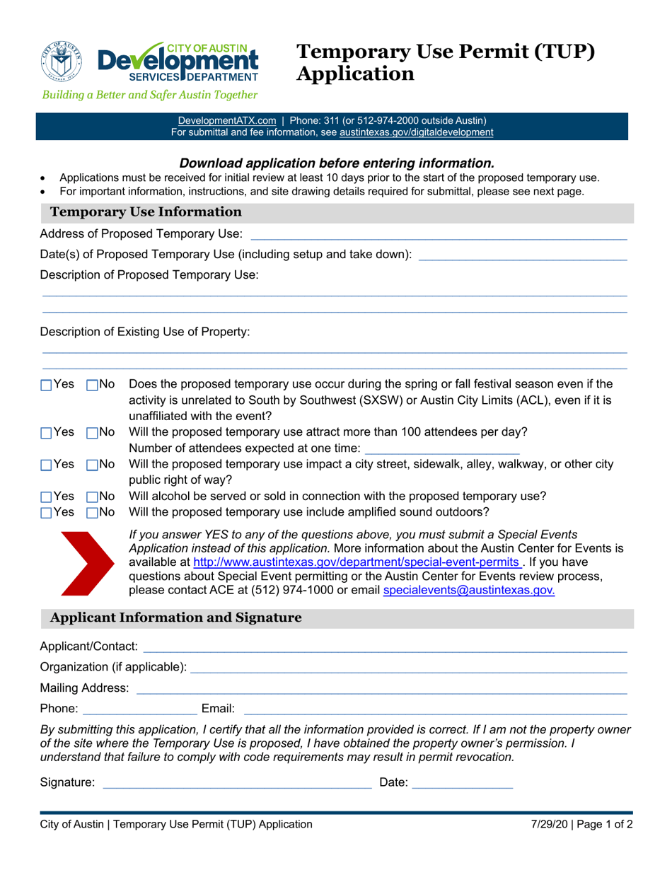 City of Austin, Texas Temporary Use Permit (Tup) Application - Fill Out ...