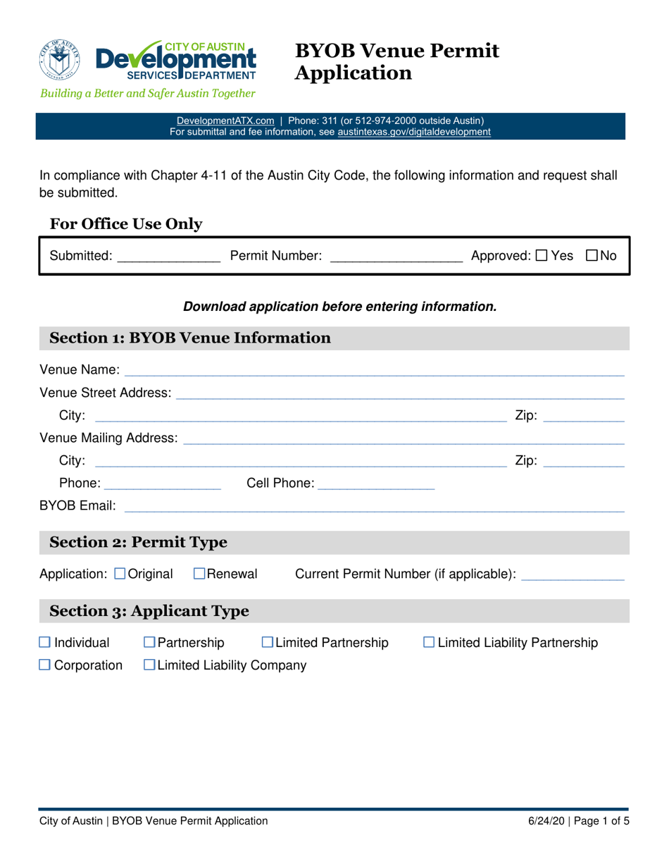 City of Austin, Texas Byob Venue Permit Application Download Fillable ...
