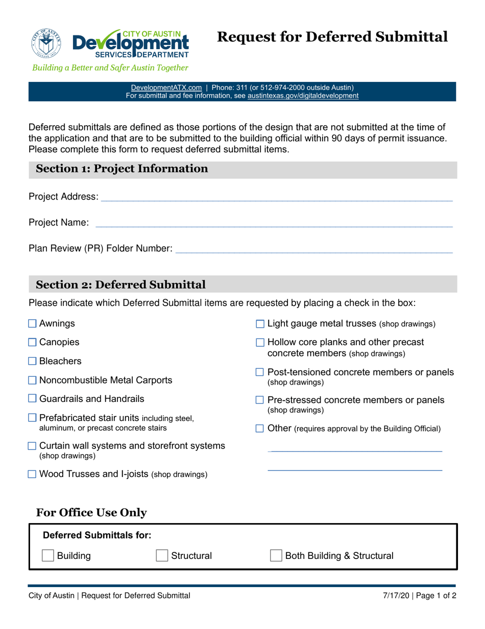 City of Austin, Texas Request for Deferred Submittal - Fill Out, Sign ...