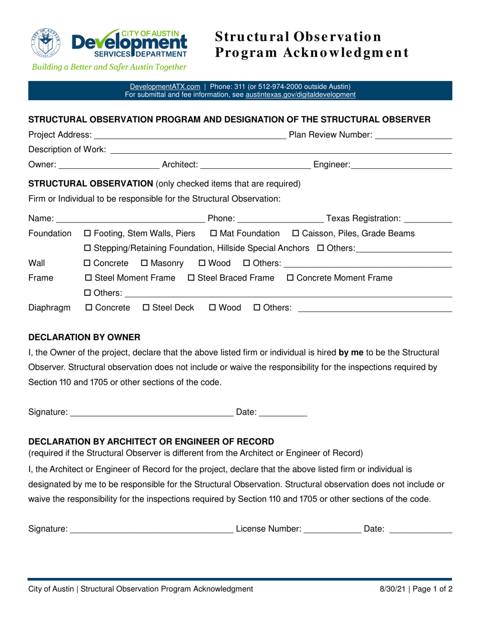 City of Austin, Texas Structural Observation Report - Fill Out, Sign ...