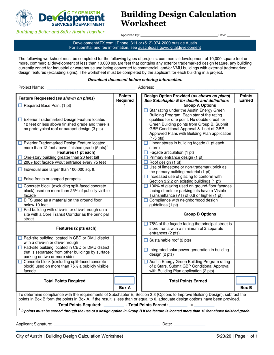 City of Austin, Texas Building Design Calculation Worksheet - Fill Out ...