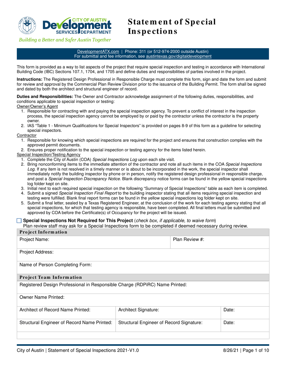 City of Austin, Texas Statement of Special Inspections - Fill Out, Sign ...