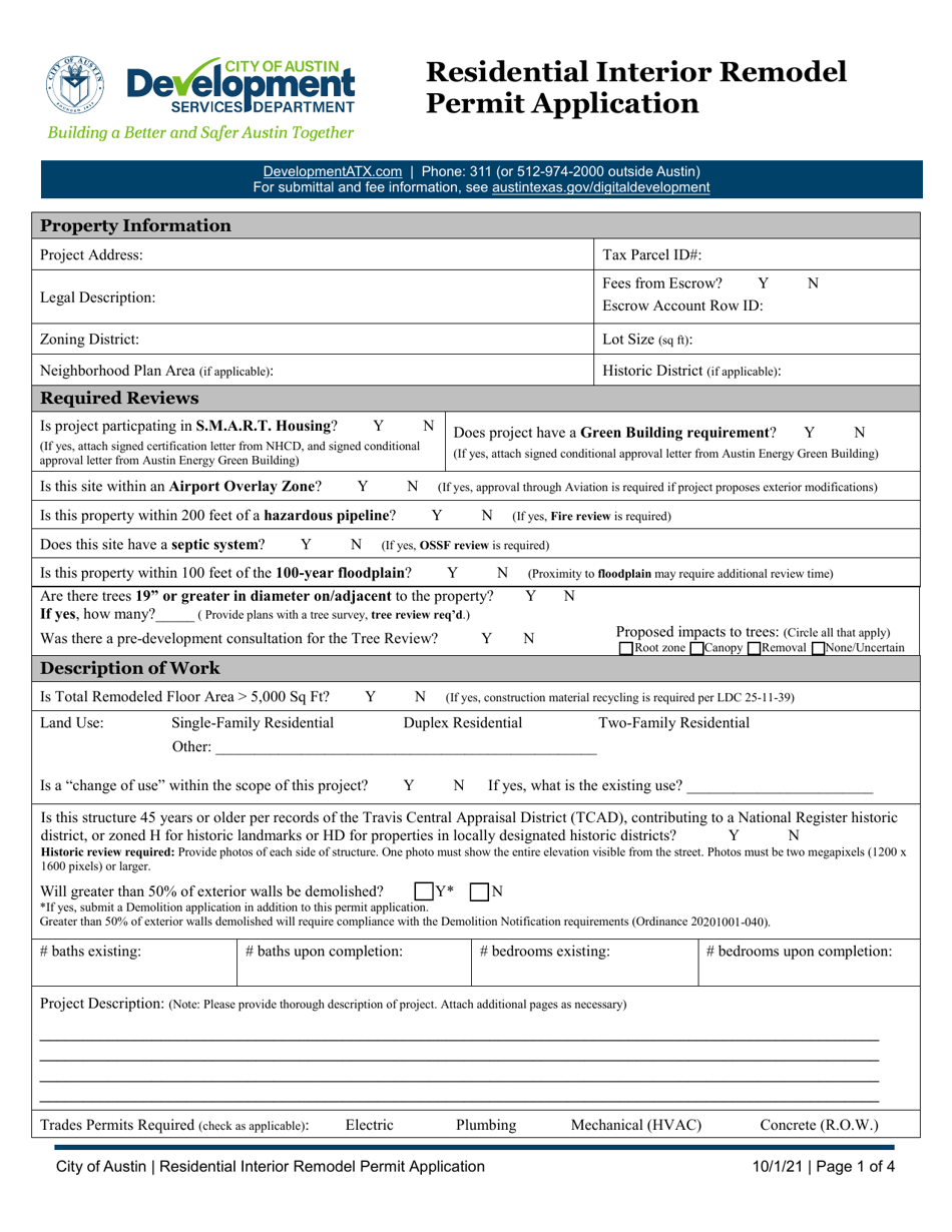 City of Austin, Texas Residential Interior Remodel Permit Application ...