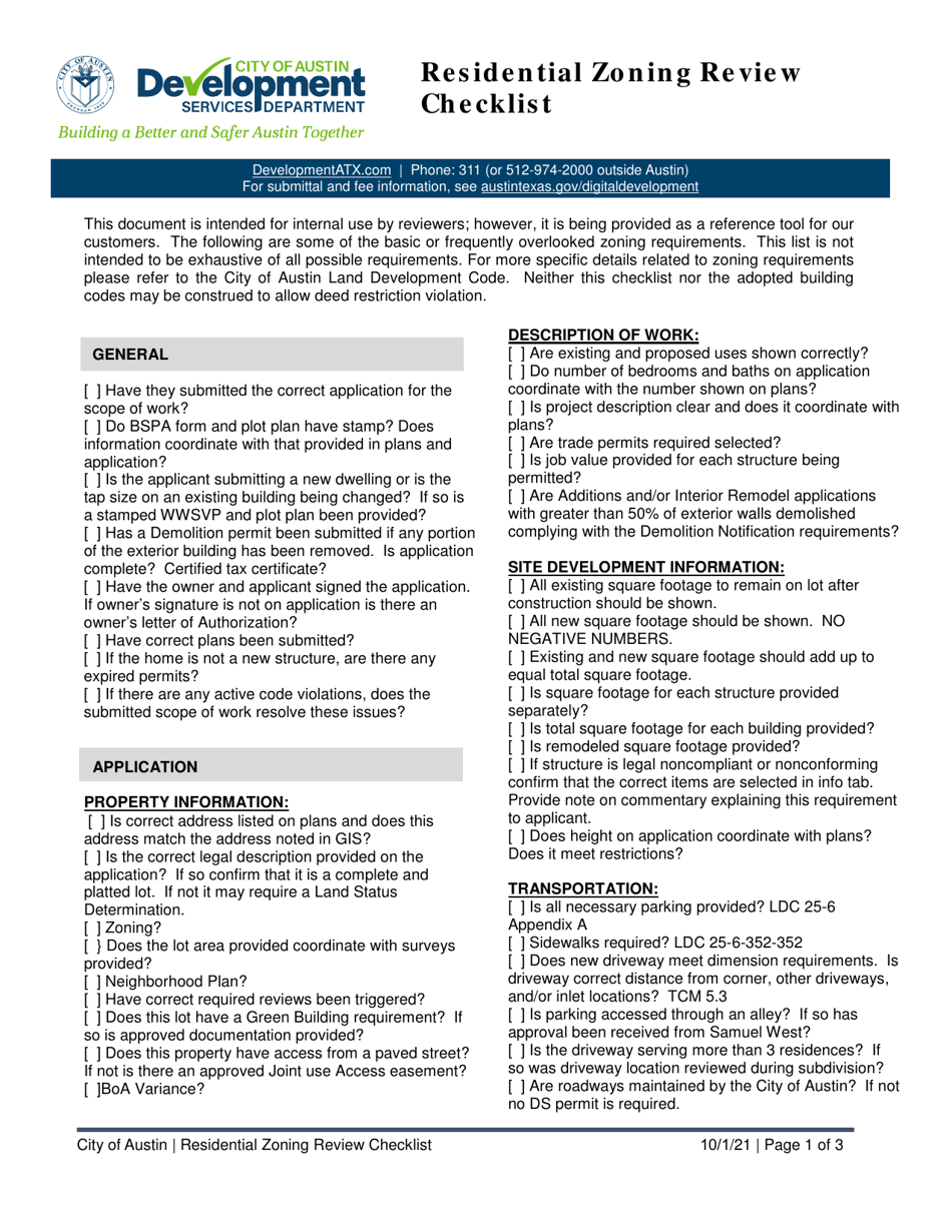 City of Austin, Texas Residential Zoning Review Checklist - Fill Out ...