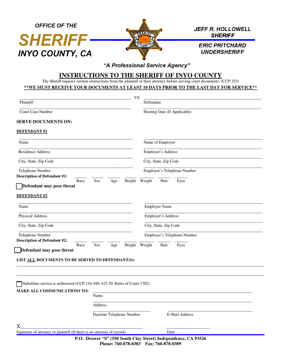 Inyo County, California Instructions to the Sheriff of Inyo County ...