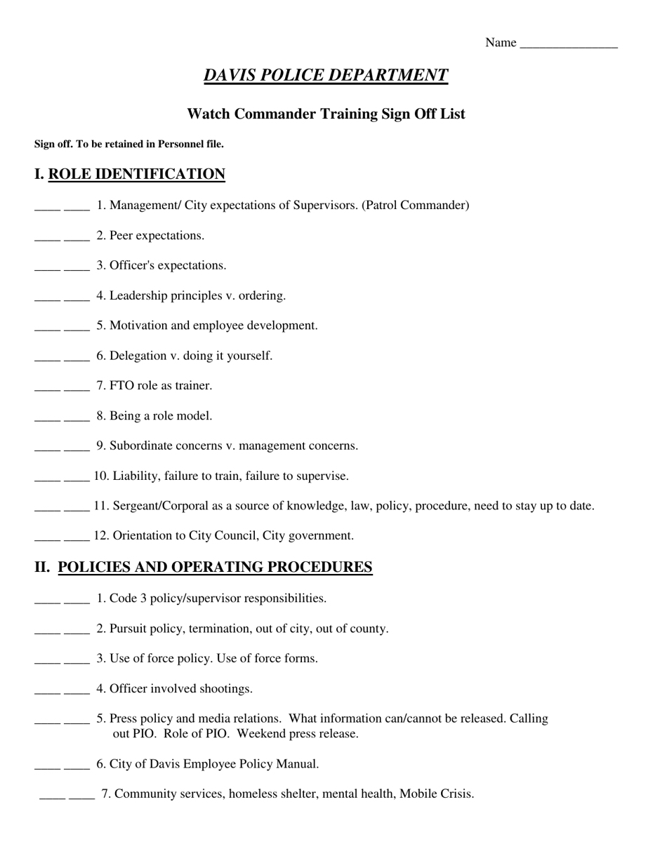 City of Davis, California Watch Commander Training Sign off List - Fill ...