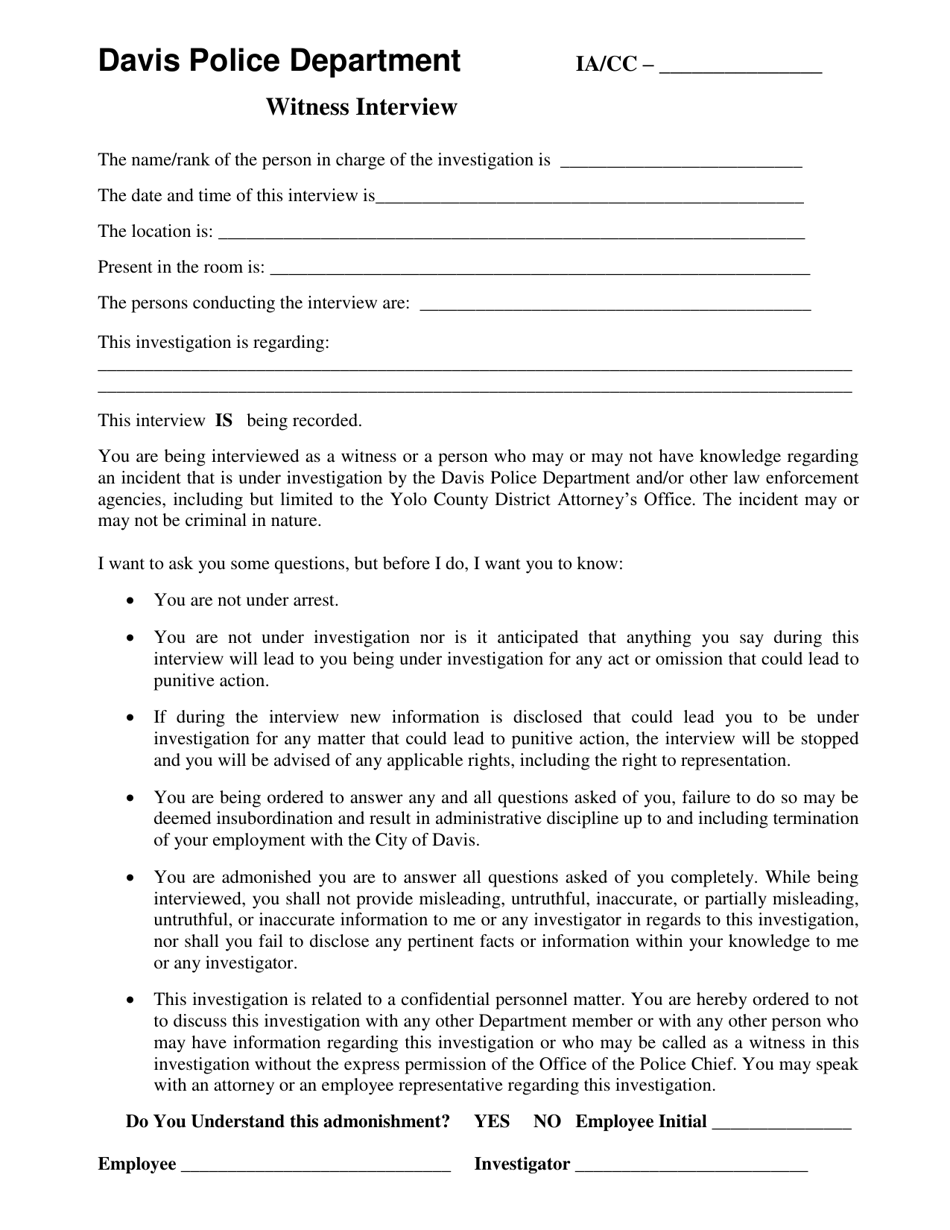 City of Davis, California Witness Interview - Fill Out, Sign Online and ...