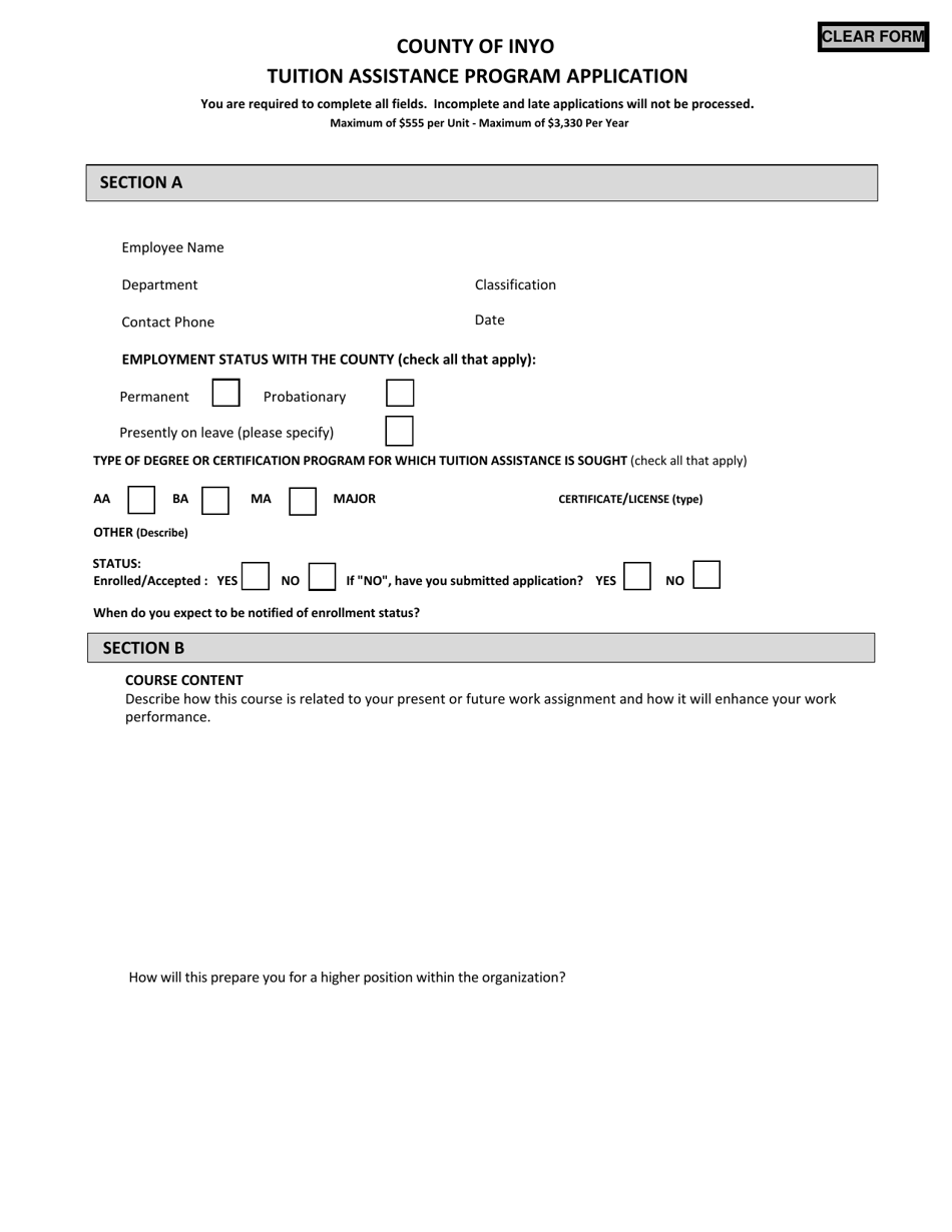 Inyo County, California Tuition Assistance Program Application - Fill ...