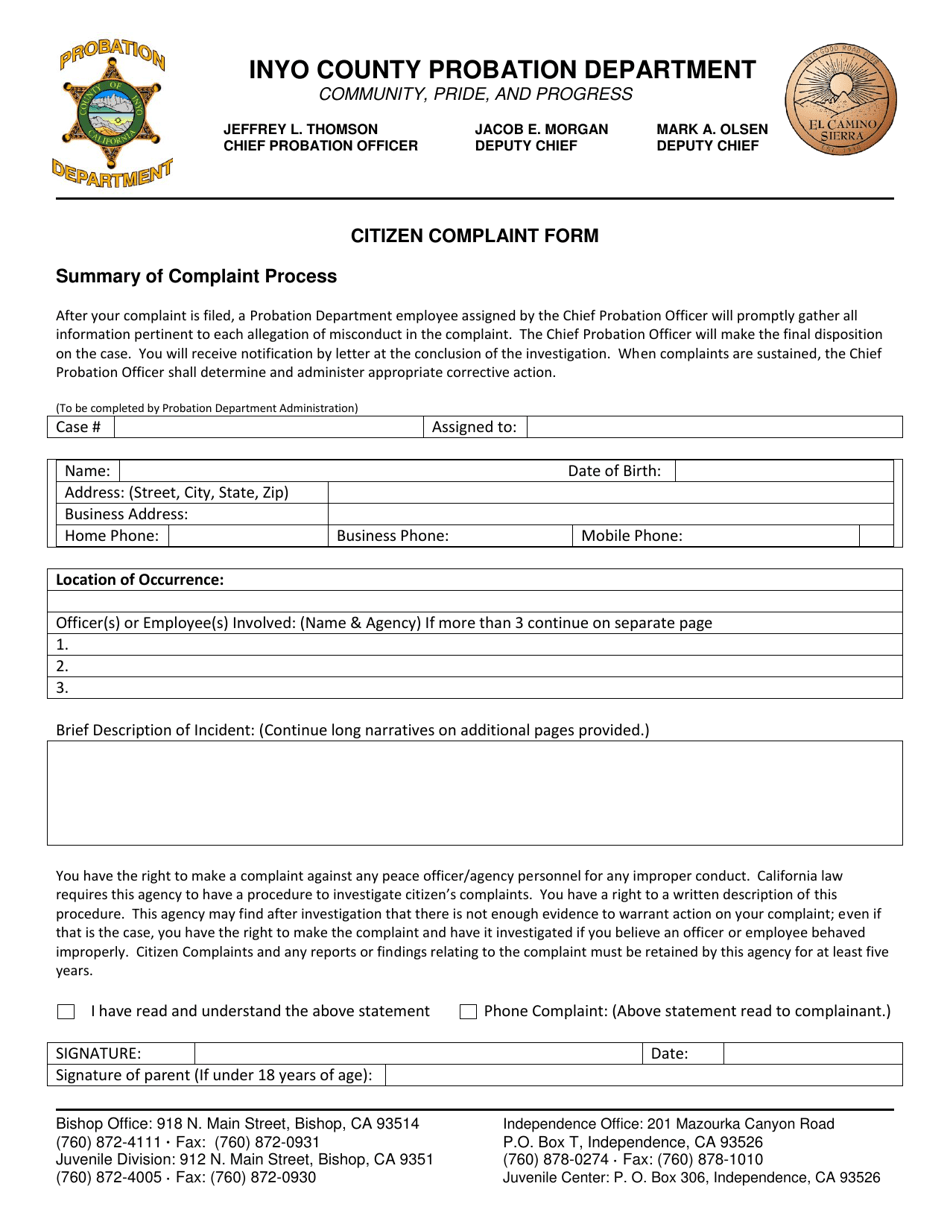 Inyo County, California Citizen Complaint Form - Fill Out, Sign Online ...
