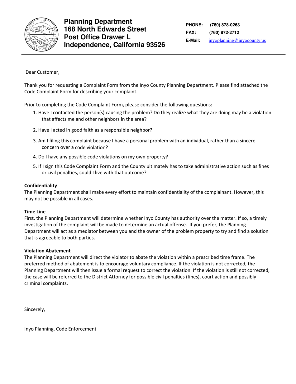 Inyo County, California Code Enforcement Complaint Form - Fill Out ...