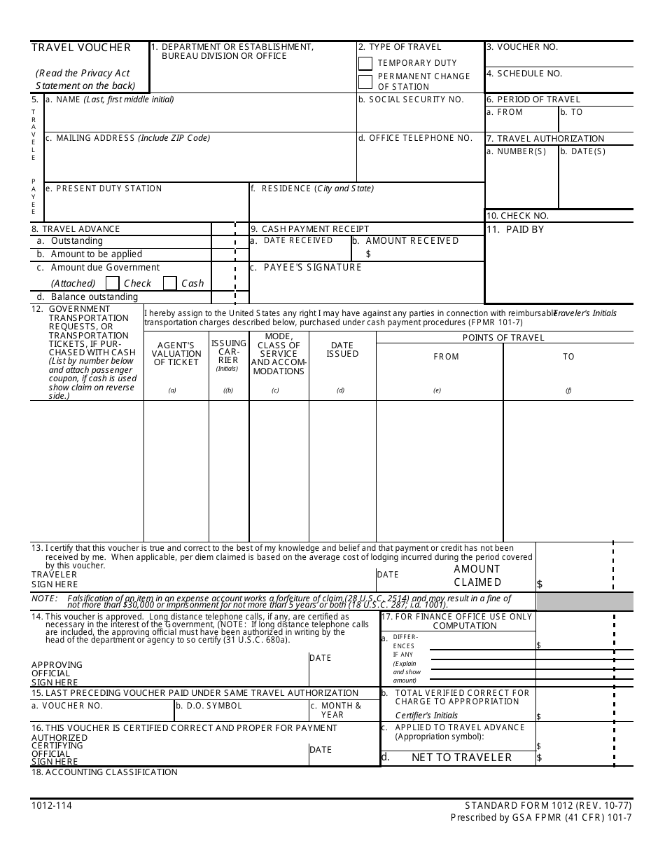 Form SF-1012 - Fill Out, Sign Online and Download Fillable PDF ...