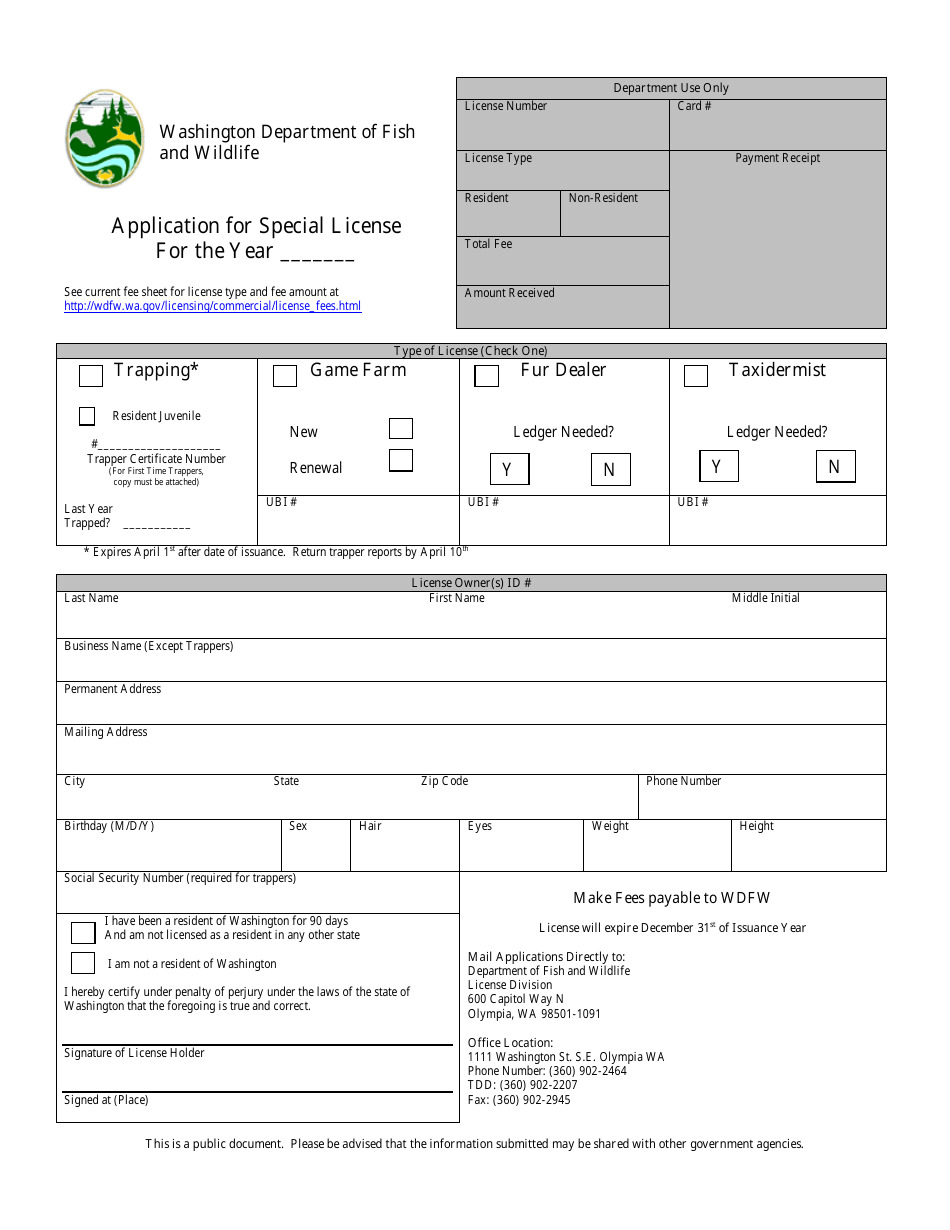 Washington Application for Special License - Fill Out, Sign Online and ...
