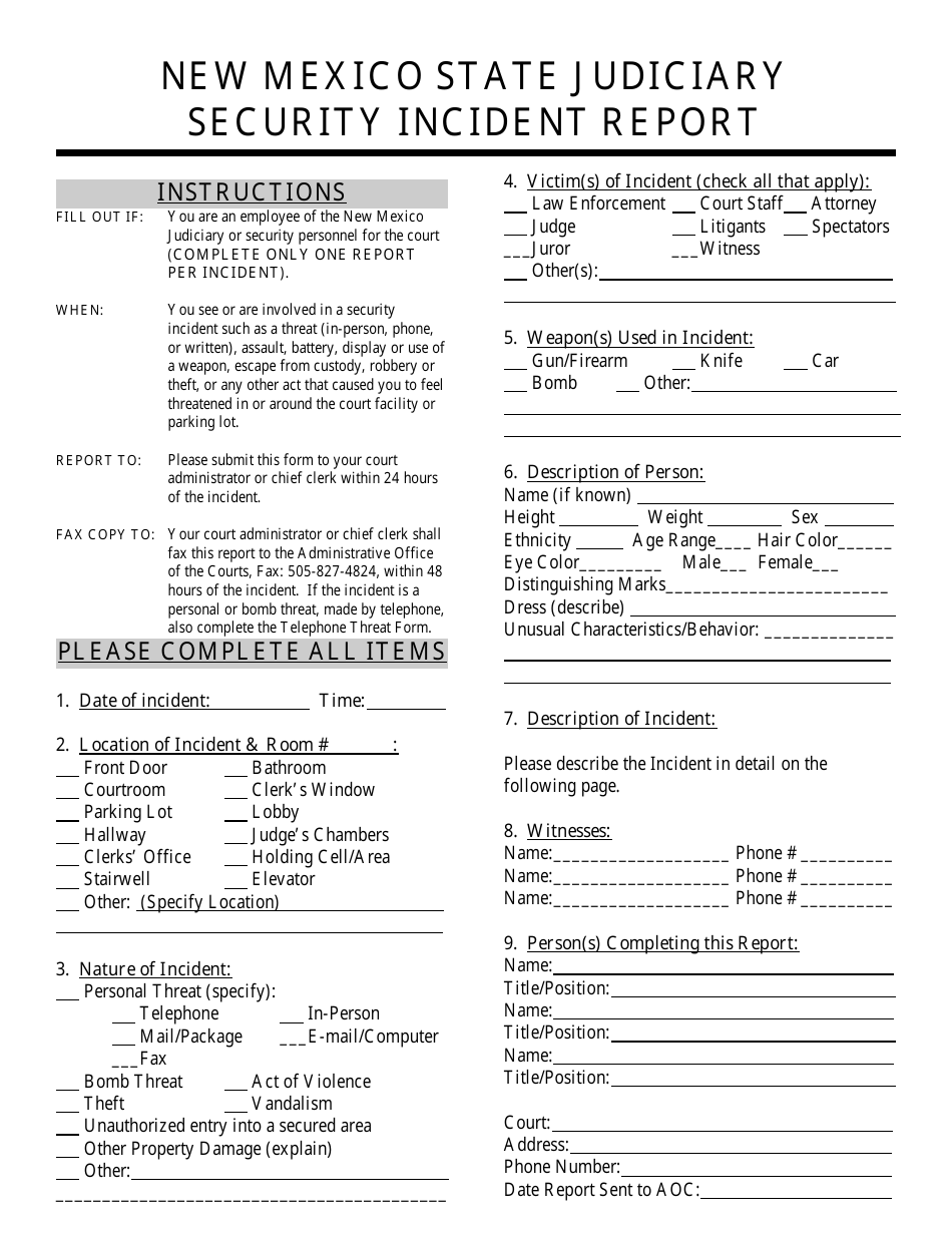 New Mexico Security Incident Report Form - Fill Out, Sign Online and ...