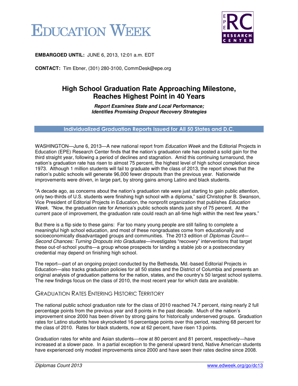 High School Graduation Rate Approaching Milestone, Reaches Highest ...
