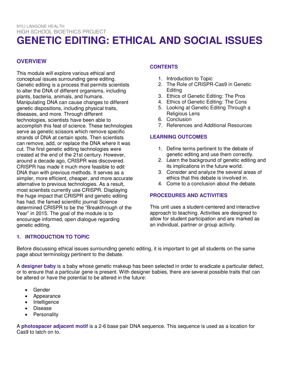 New York Genetic Editing: Ethical and Social Issues - High School ...
