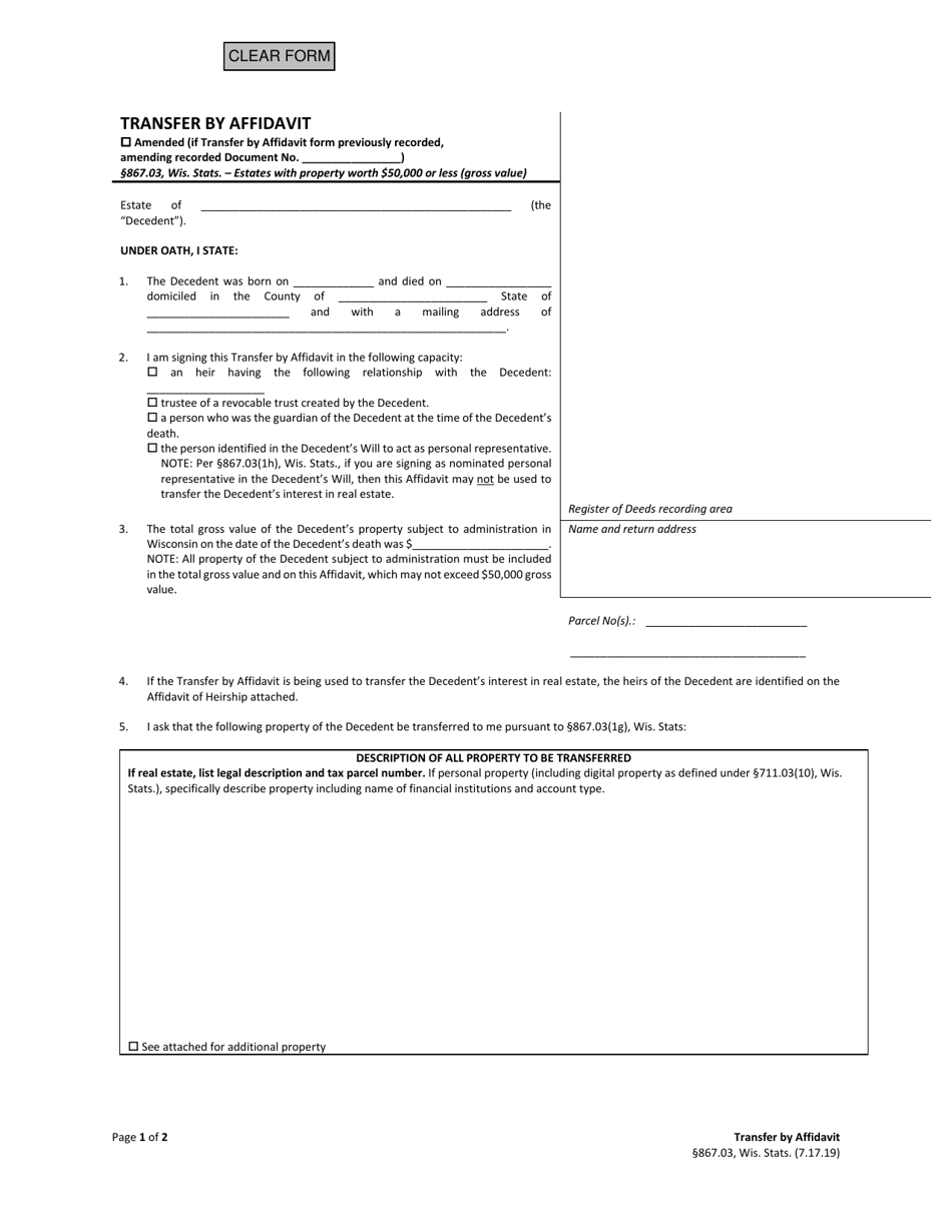 Wisconsin Transfer by Affidavit - Fill Out, Sign Online and Download ...
