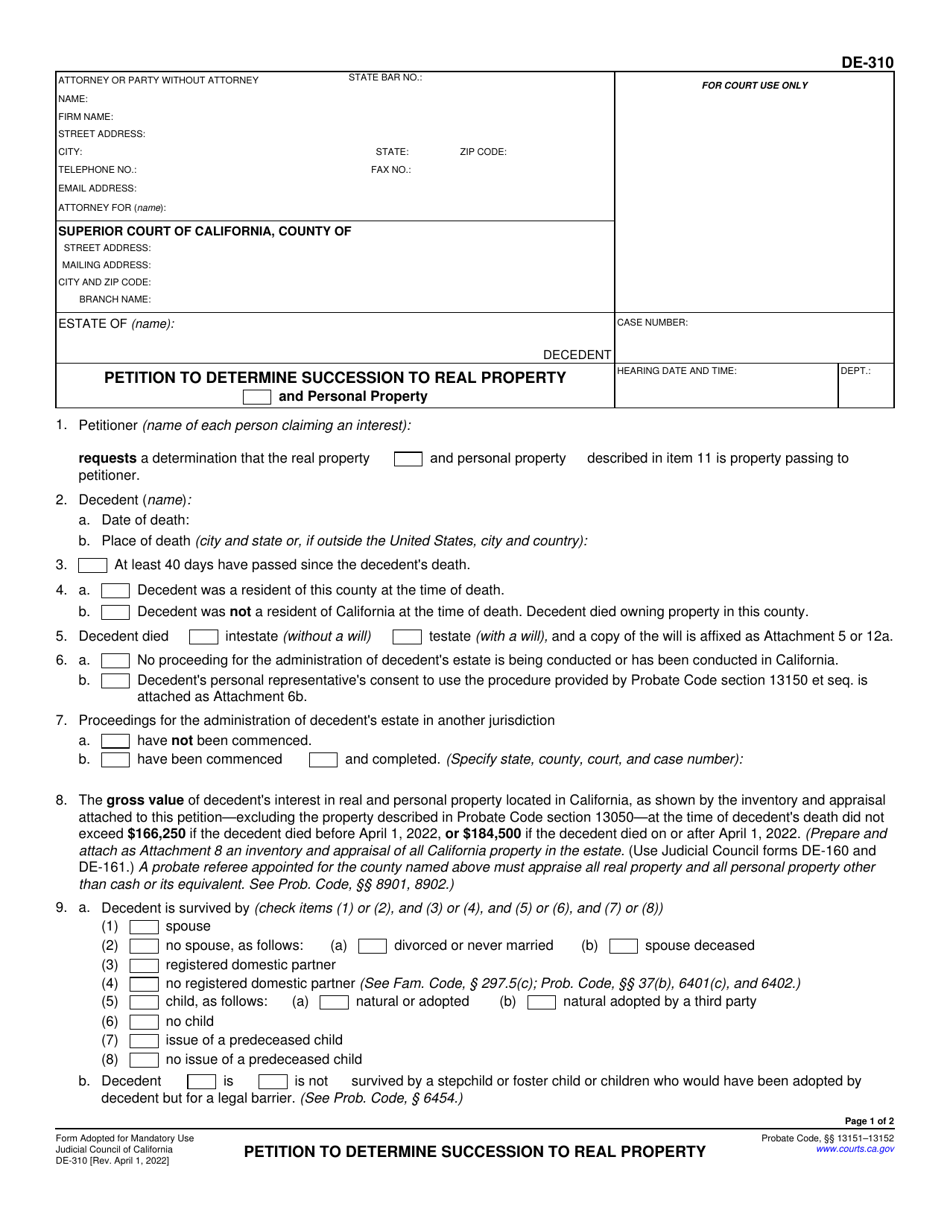 Form DE-310 Download Fillable PDF or Fill Online Petition to Determine ...