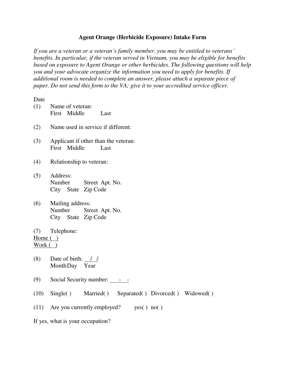North Dakota Agent Orange (Herbicide Exposure) Intake Form - Fill Out ...