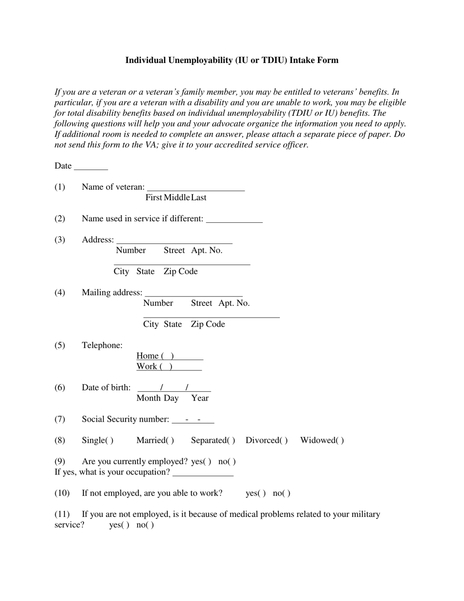 North Dakota Individual Unemployability (Iu or Tdiu) Intake Form - Fill ...