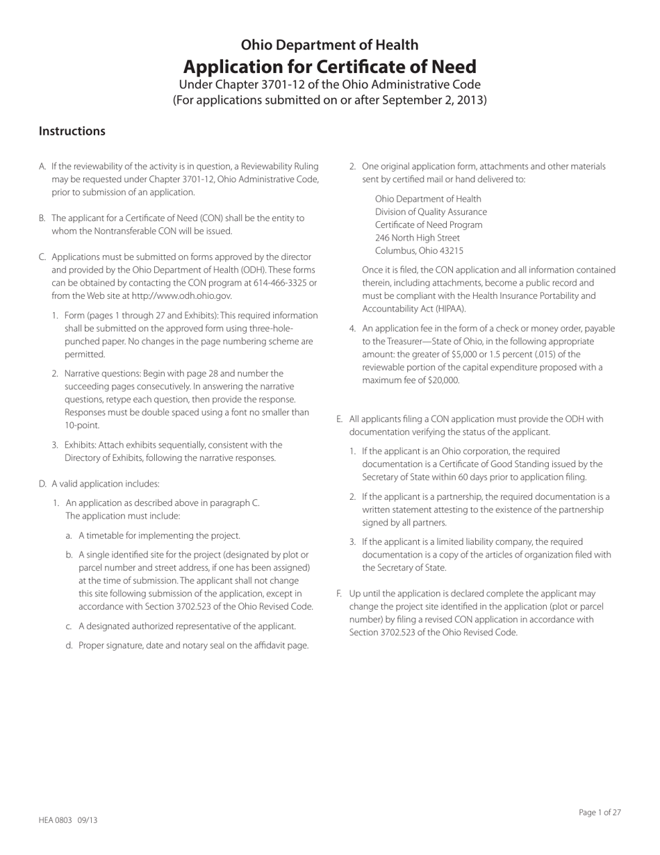 Form HEA0803 - Fill Out, Sign Online and Download Fillable PDF, Ohio ...