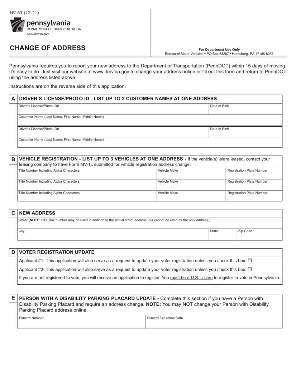 Form MV-63 Download Fillable PDF or Fill Online Change of Address ...