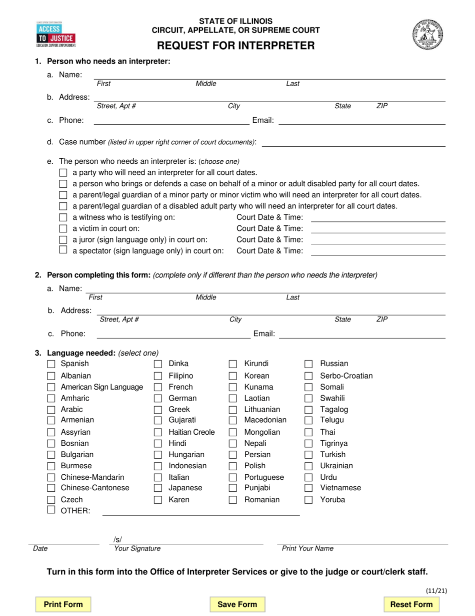 Illinois Request for Interpreter - Fill Out, Sign Online and Download ...