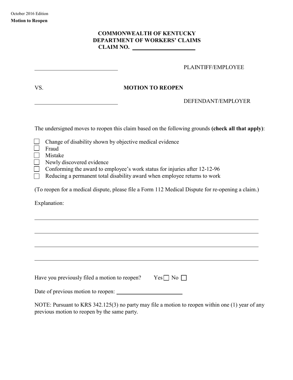 Kentucky Motion to Reopen - Fill Out, Sign Online and Download PDF ...