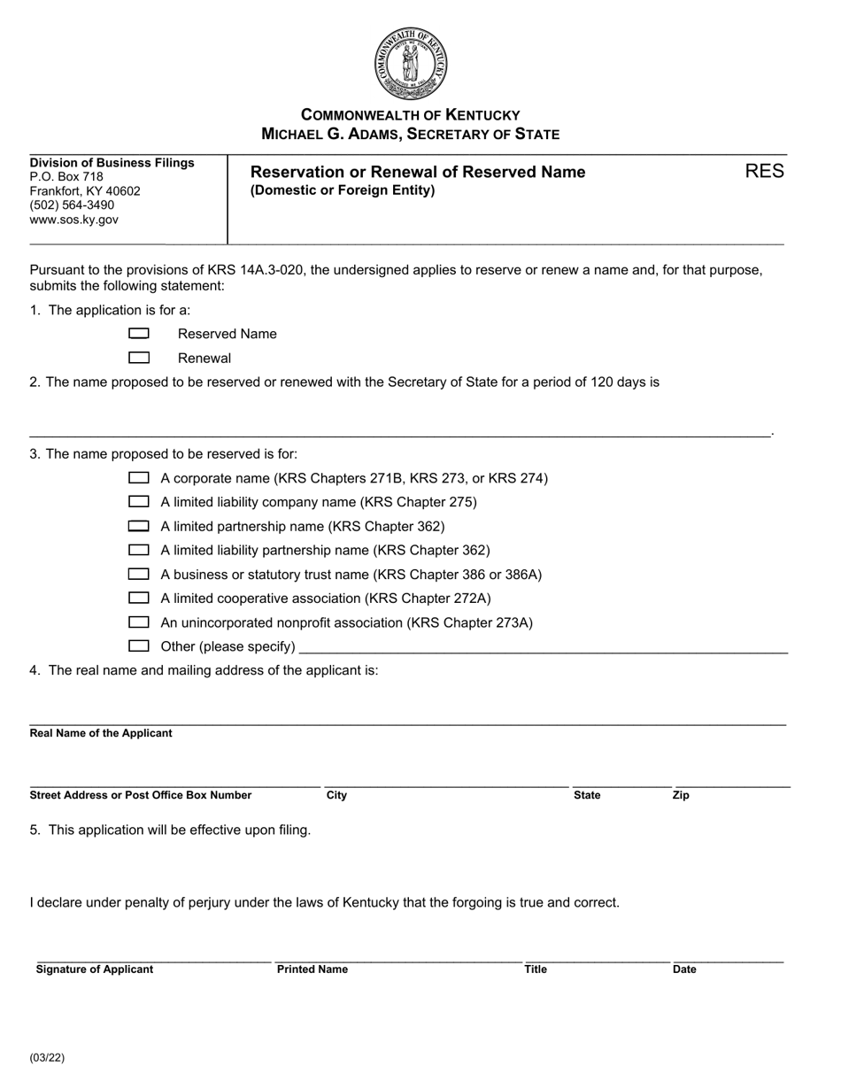 Form RES - Fill Out, Sign Online and Download Fillable PDF, Kentucky ...