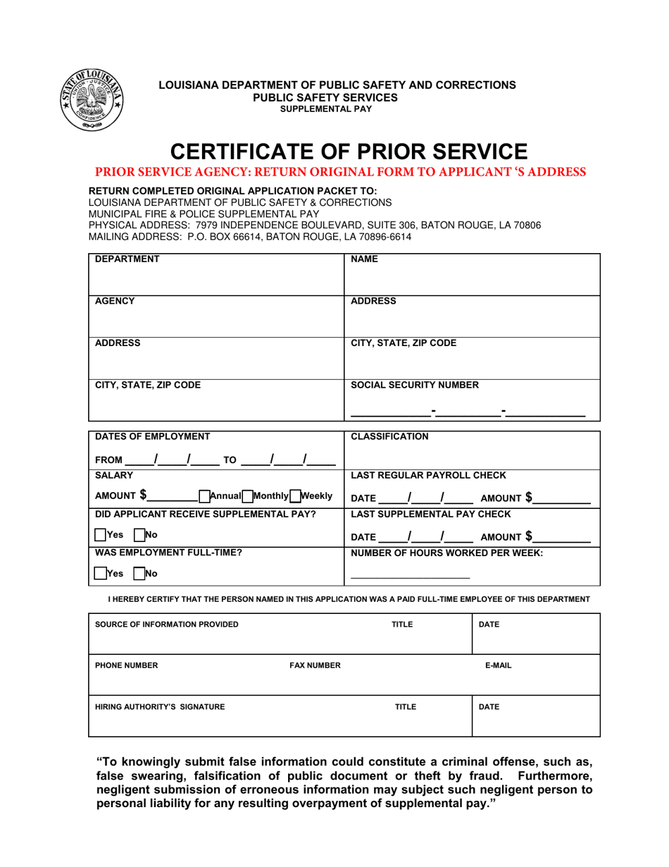 Louisiana Certificate of Prior Service - Fill Out, Sign Online and ...