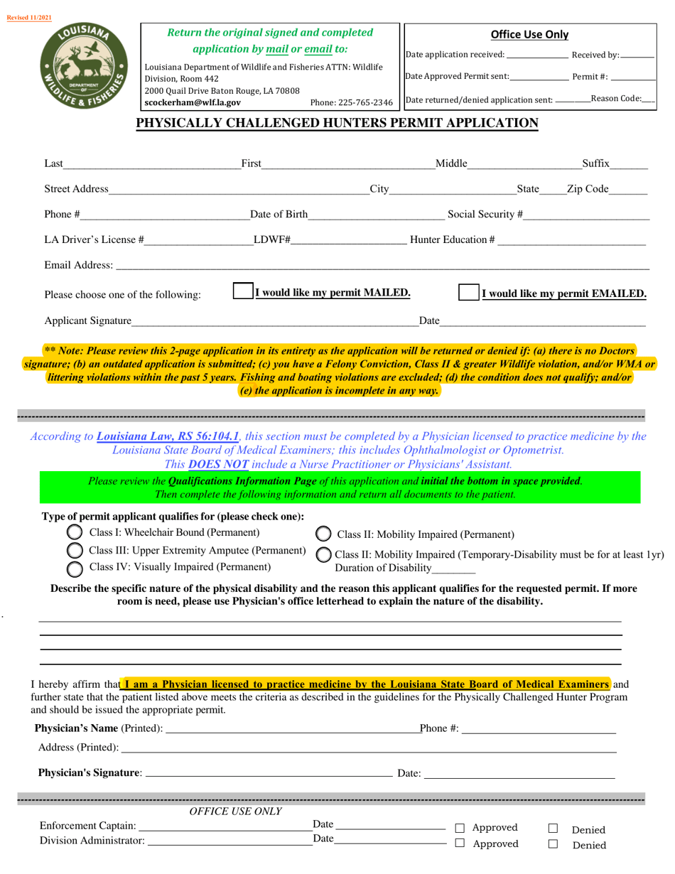 Louisiana Physically Challenged Hunters Permit Application - Fill Out ...