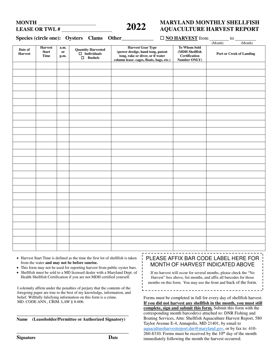2022 Maryland Maryland Monthly Shellfish Aquaculture Harvest Report ...