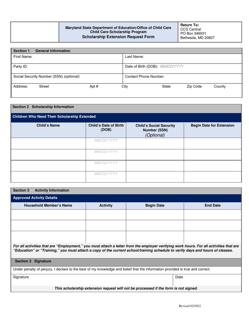 Maryland Scholarship Extension Request Form - Child Care Scholarship ... Maryland Scholarship Extension Request Form - Child Care Scholarship ...