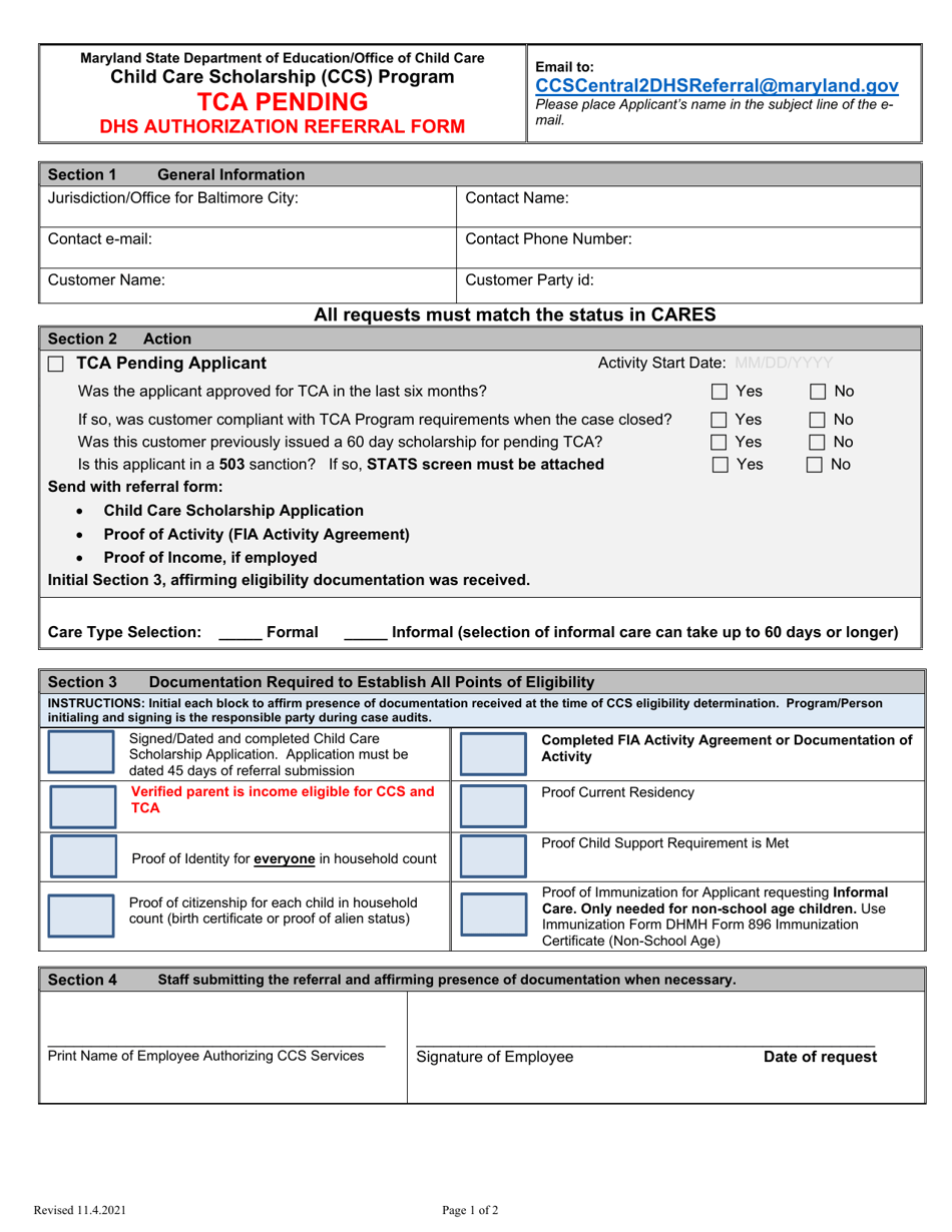 Maryland Tca Pending DHS Authorization Referral Form Download Fillable ...