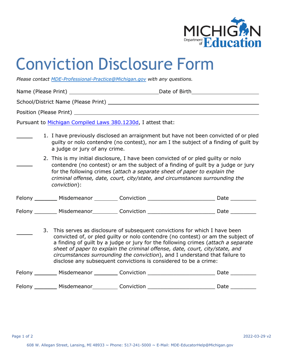 Michigan Conviction Disclosure Form Download Fillable PDF 2020 — 2026 ...
