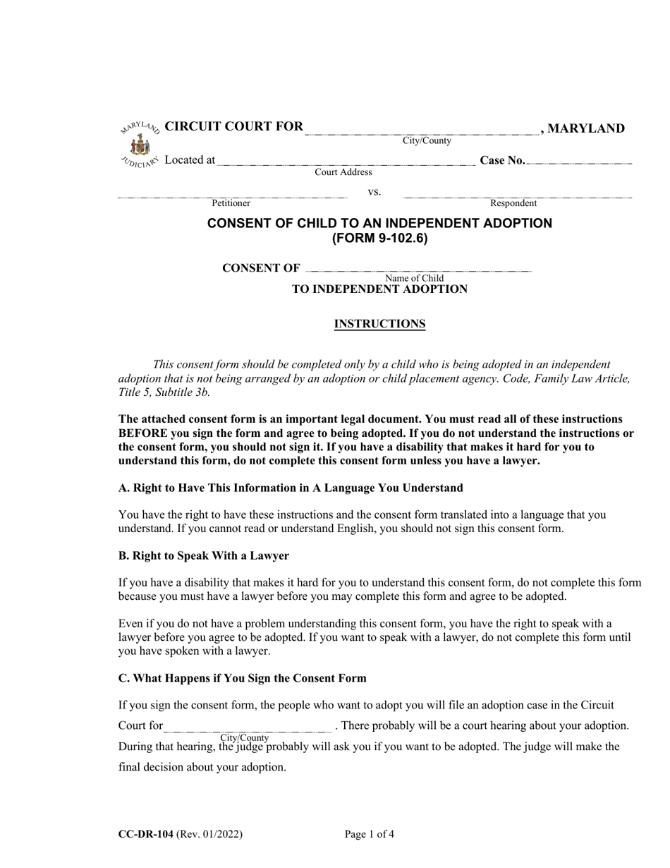 Form CC-DR-104 (9-102.6) - Fill Out, Sign Online and Download Fillable ...