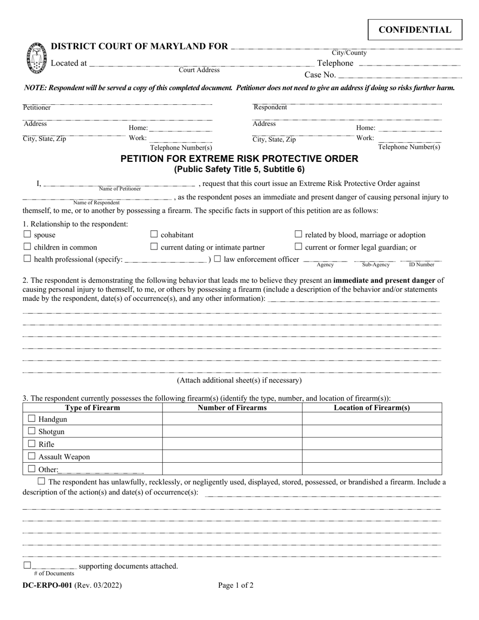 Form DC-ERPO-001 Download Fillable PDF or Fill Online Petition for ...