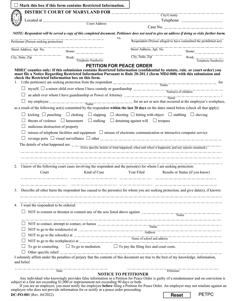 Form DC-PO-001 Download Fillable PDF or Fill Online Petition for Peace ...