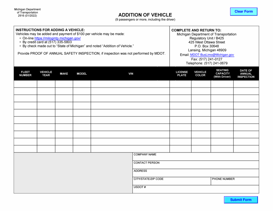 Form 2916 Download Fillable PDF or Fill Online Addition of Vehicle (9 ...